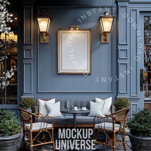 Luxury Cafe Frame Mockup for Art, Gold Framed Canvas Mockup, Restaurant Terrace Poster Mockup ...