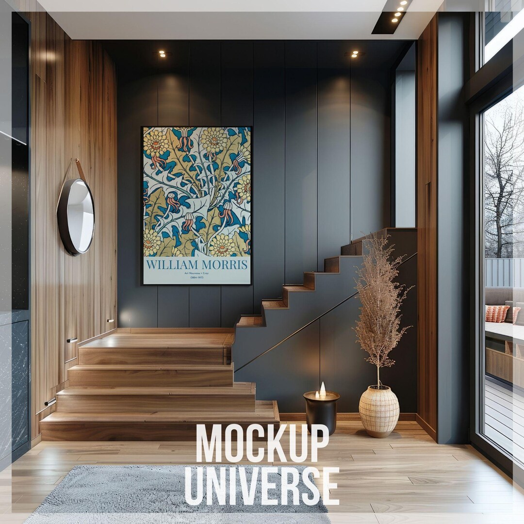 Elegant Entryway Frame Mockup With Stairs, Modern Paneled Wall Frame ...