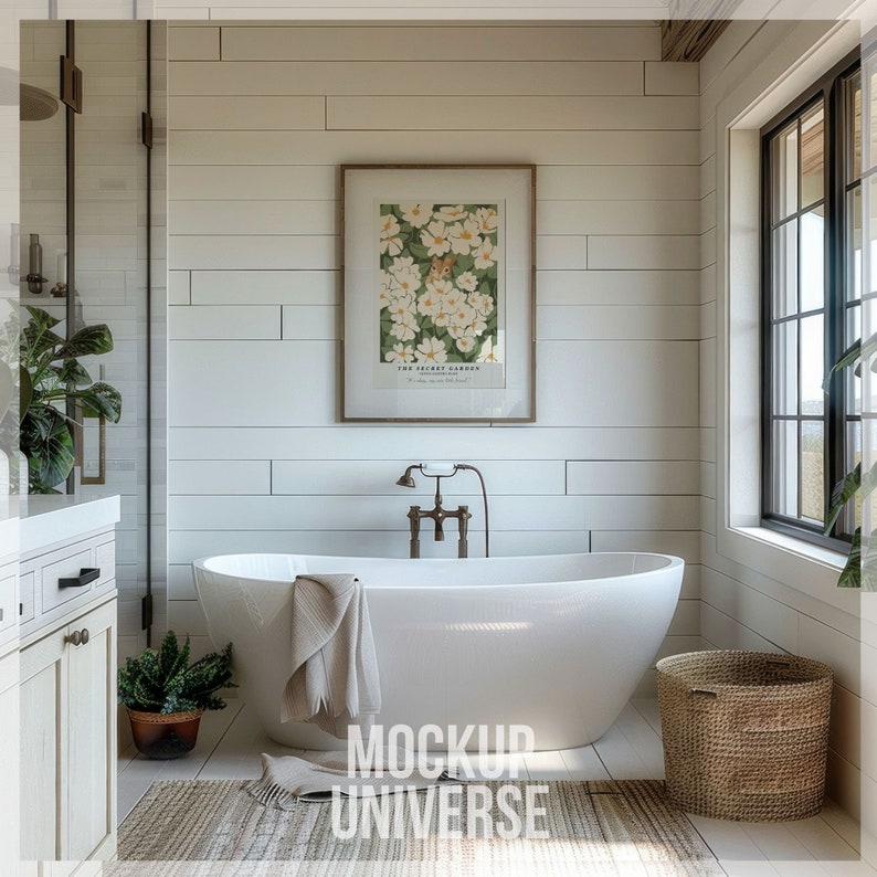 White Bathroom Wall Art Frame Mockup, Minimal Bathtub Artwork Display ...
