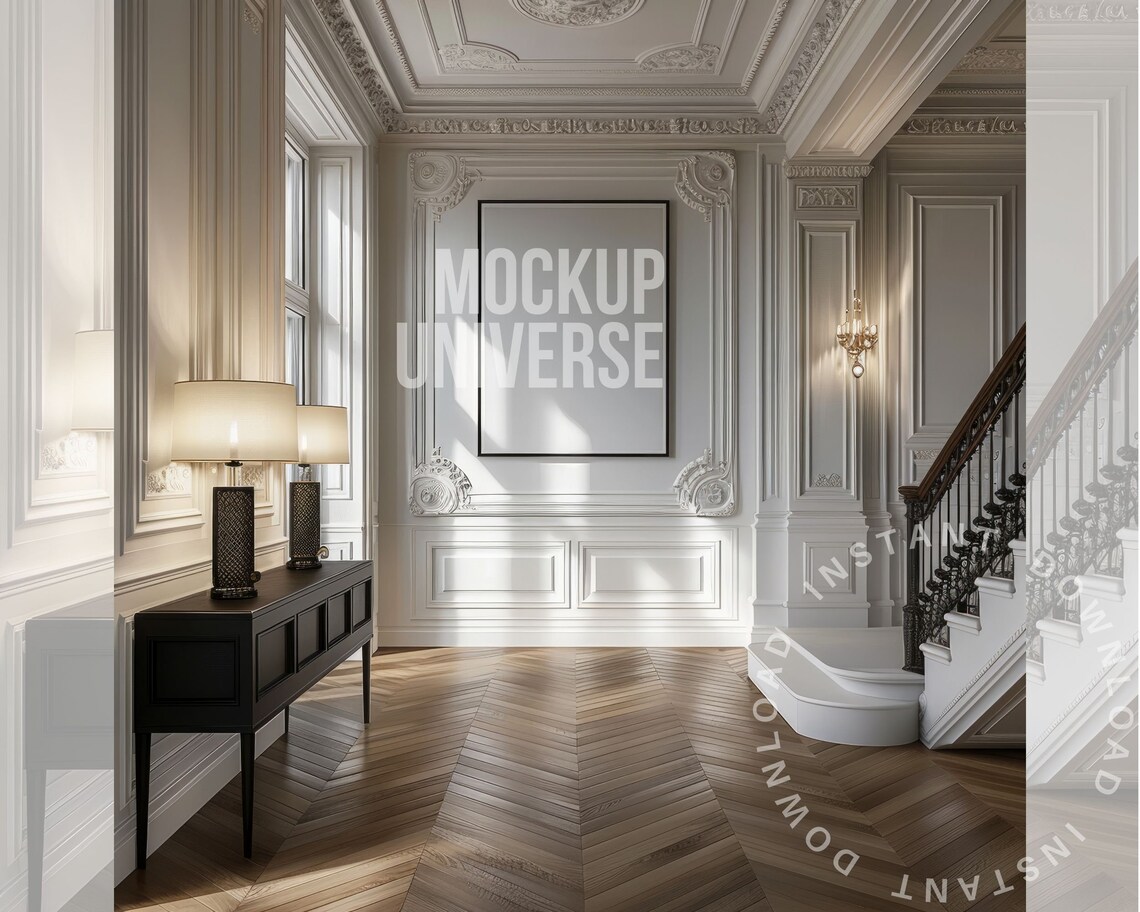 Luxury White Hallway Frame Mockup, Large Wall Art Framed Canvas ...