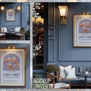 Luxury Cafe Frame Mockup for Art, Gold Framed Canvas Mockup, Restaurant Terrace Poster Mockup ...