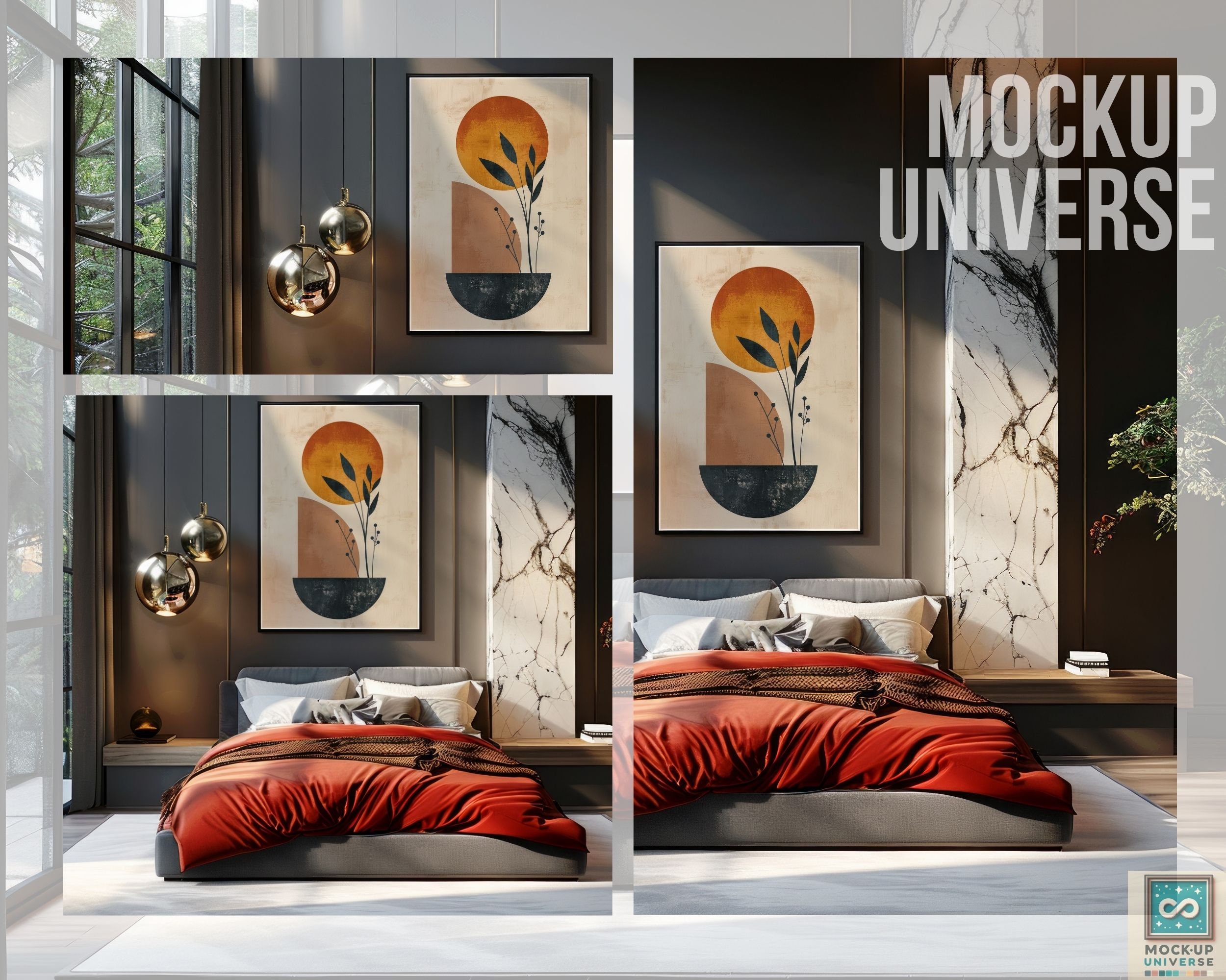 Luxury Bedside Wall Art Frame Mockup, Single Vertical Wood Frame Template, Black Marble Interior ...