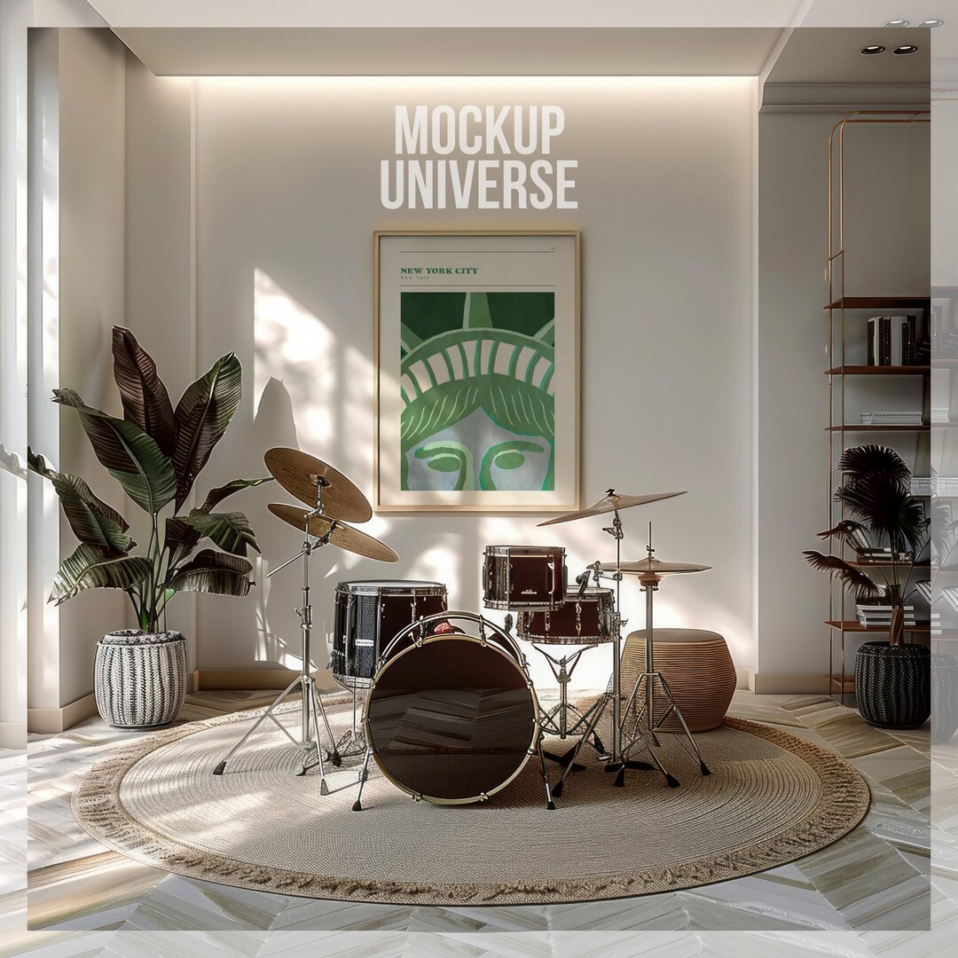 Music Room Poster Mockup, Meloman Wall Art Frame Mockup With Drum Set ...