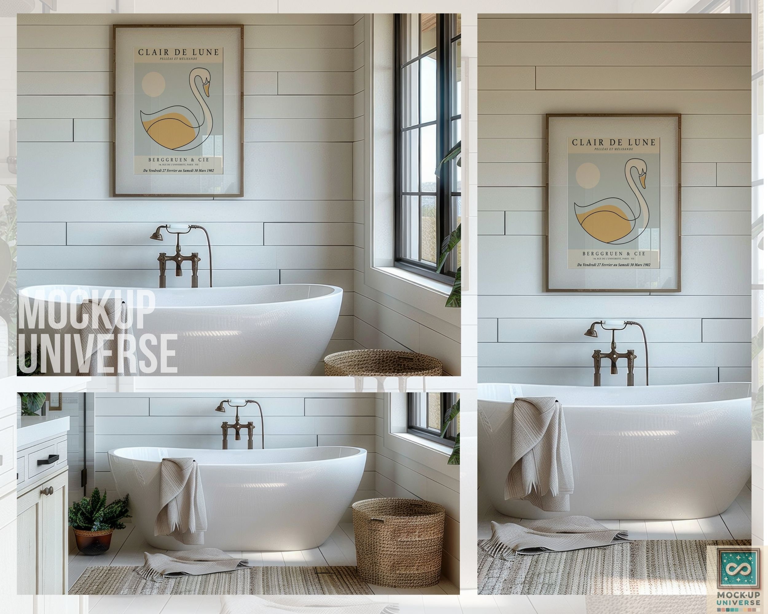 White Bathroom Wall Art Frame Mockup, Minimal Bathtub Artwork Display ...