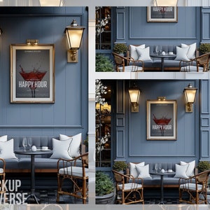 Luxury Cafe Frame Mockup for Art, Gold Framed Canvas Mockup, Restaurant Terrace Poster Mockup ...