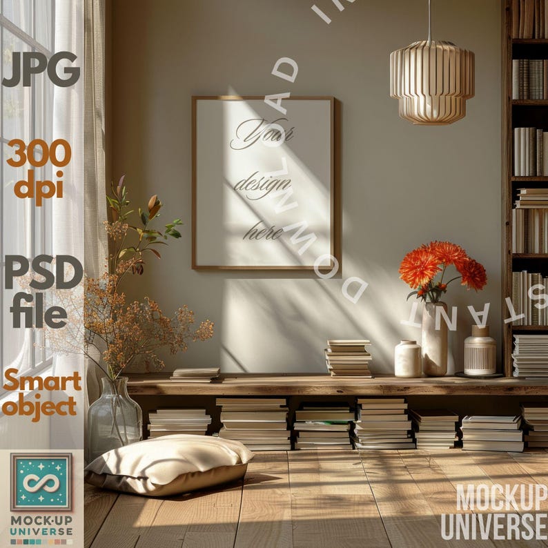 Home Library Frame Mockup, Neutral Tone Mockup Frame, Vertical Framed ...