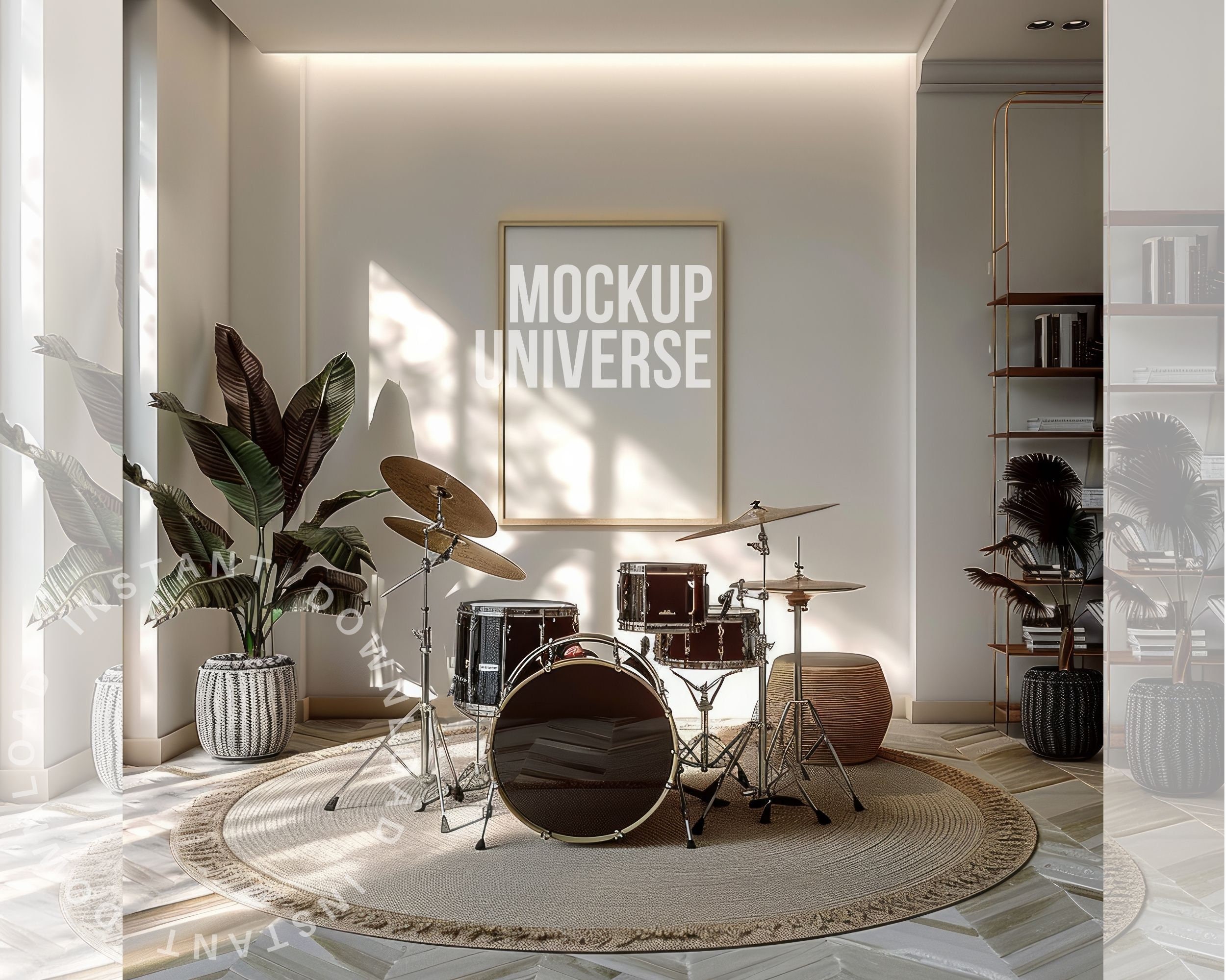 Music Room Poster Mockup, Meloman Wall Art Frame Mockup With Drum Set ...