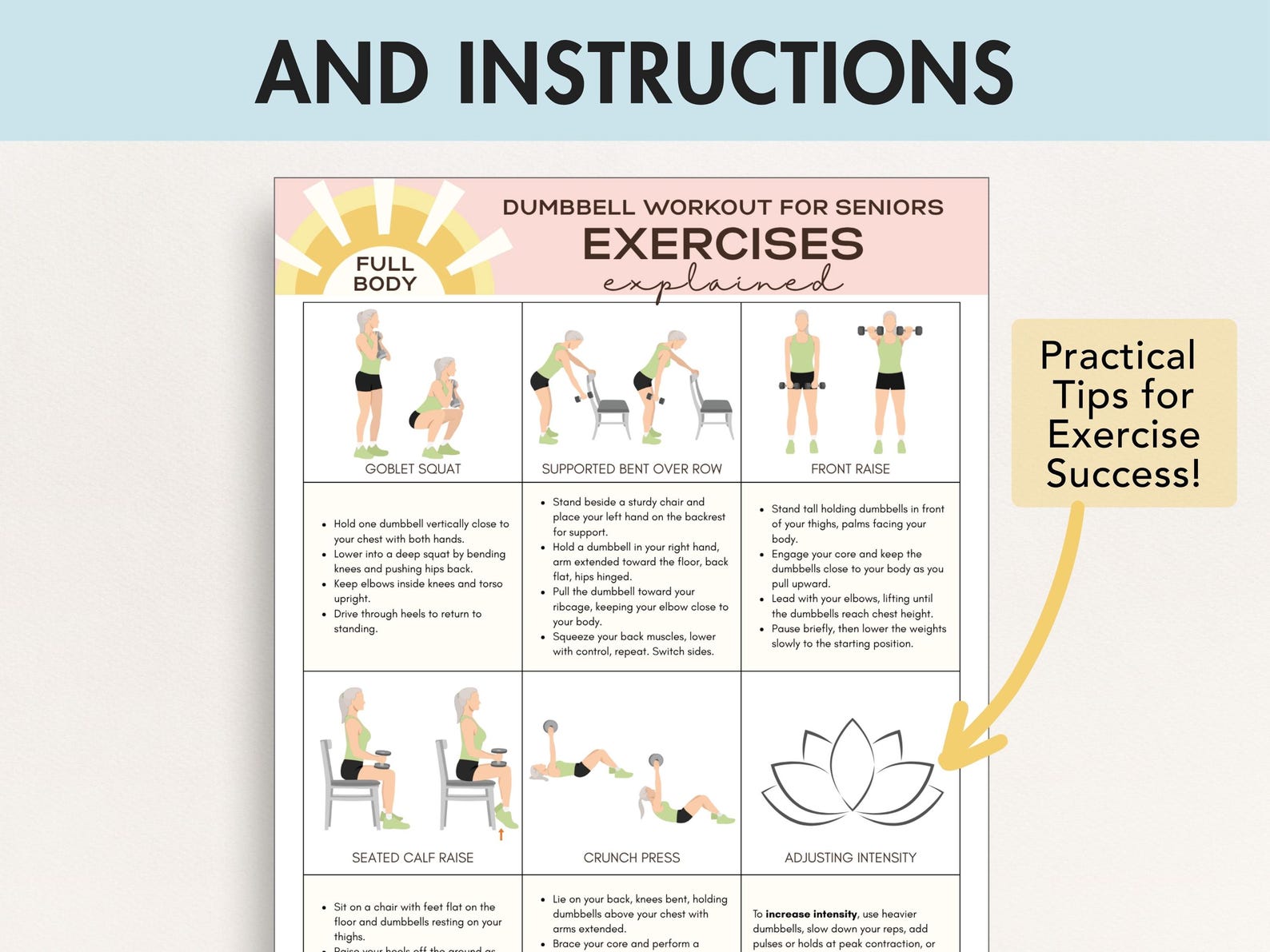 Dumbbell Workout for Seniors, Printable PDF, Three Page Guide With ...