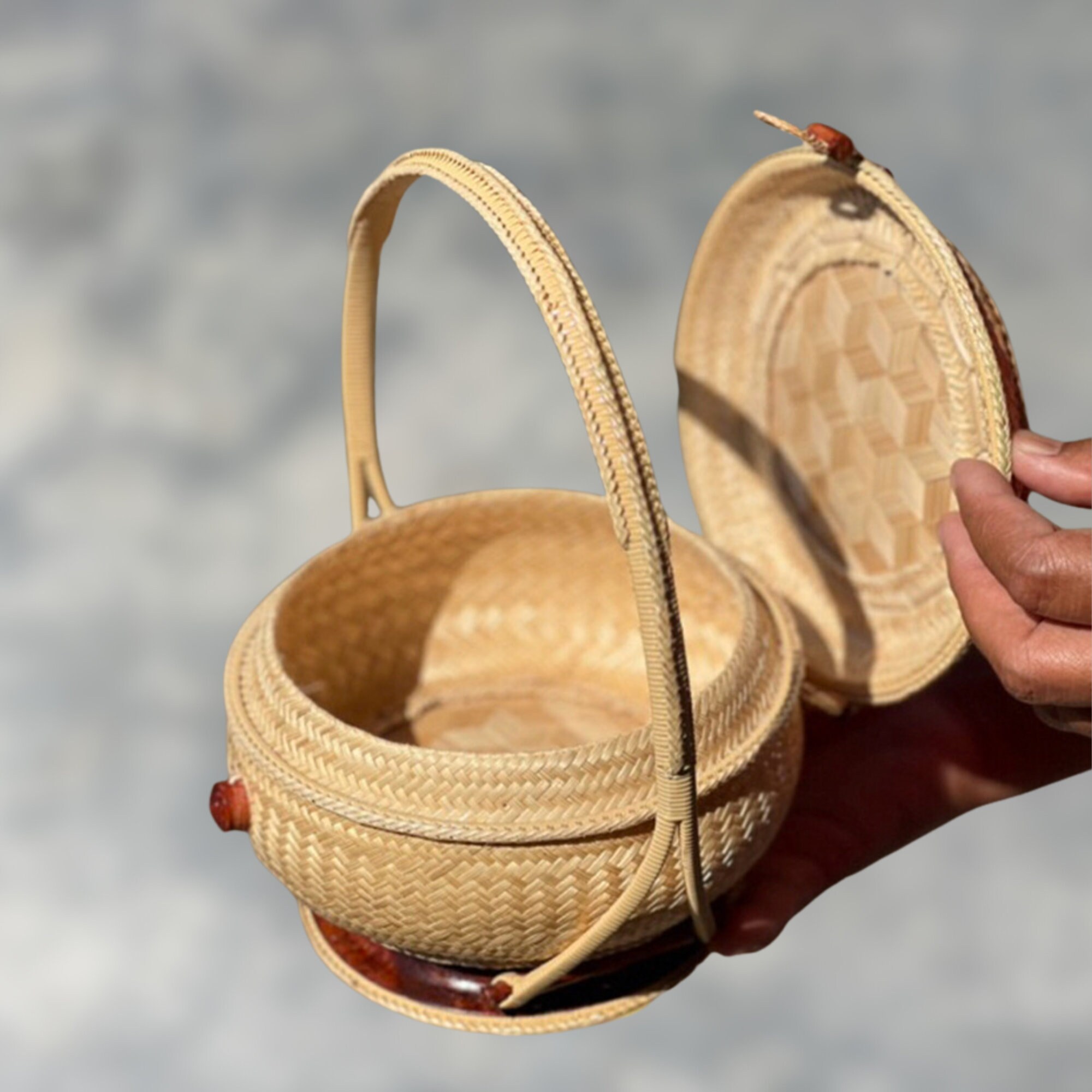 Rustic Thai Sticky Rice Basket Handwoven Kratib With Wooden Lid ...