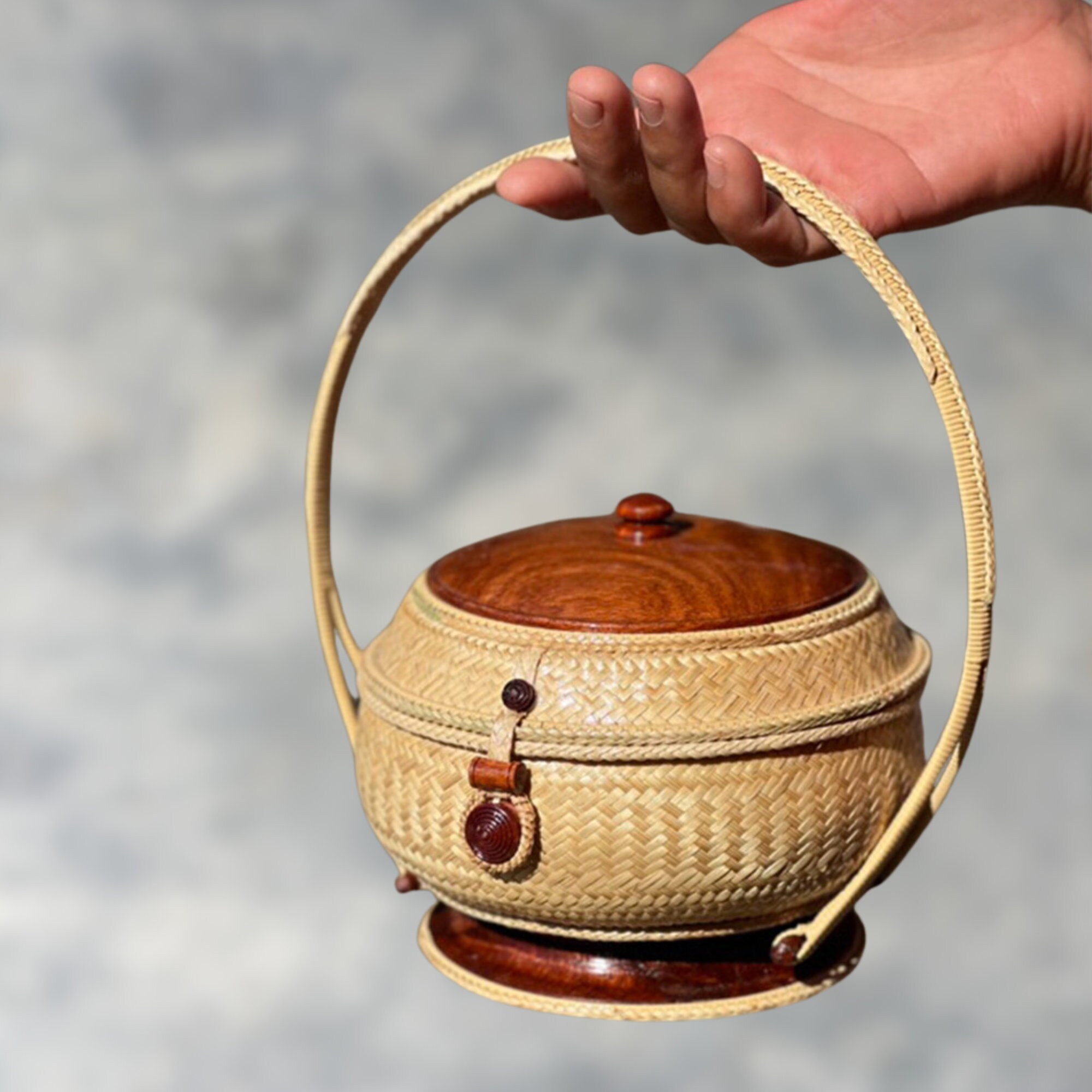 Rustic Thai Sticky Rice Basket Handwoven Kratib With Wooden Lid ...