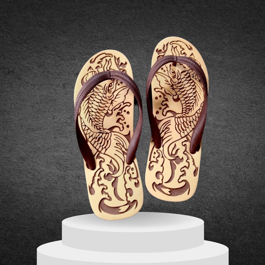 Handmade Engraved Sandals - Koi Fish Design - Durable Rubber Flip Flops ...