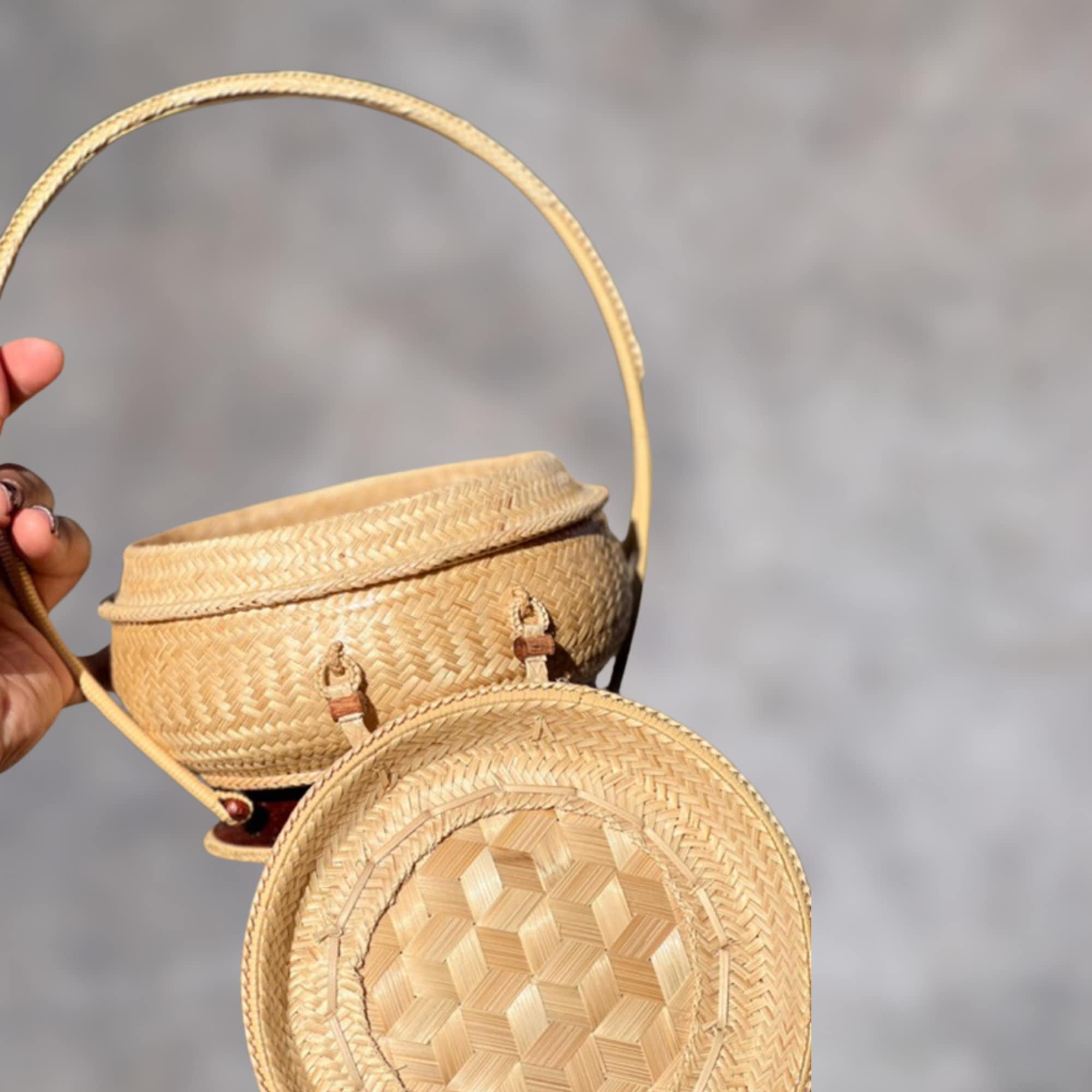 Rustic Thai Sticky Rice Basket Handwoven Kratib With Wooden Lid ...