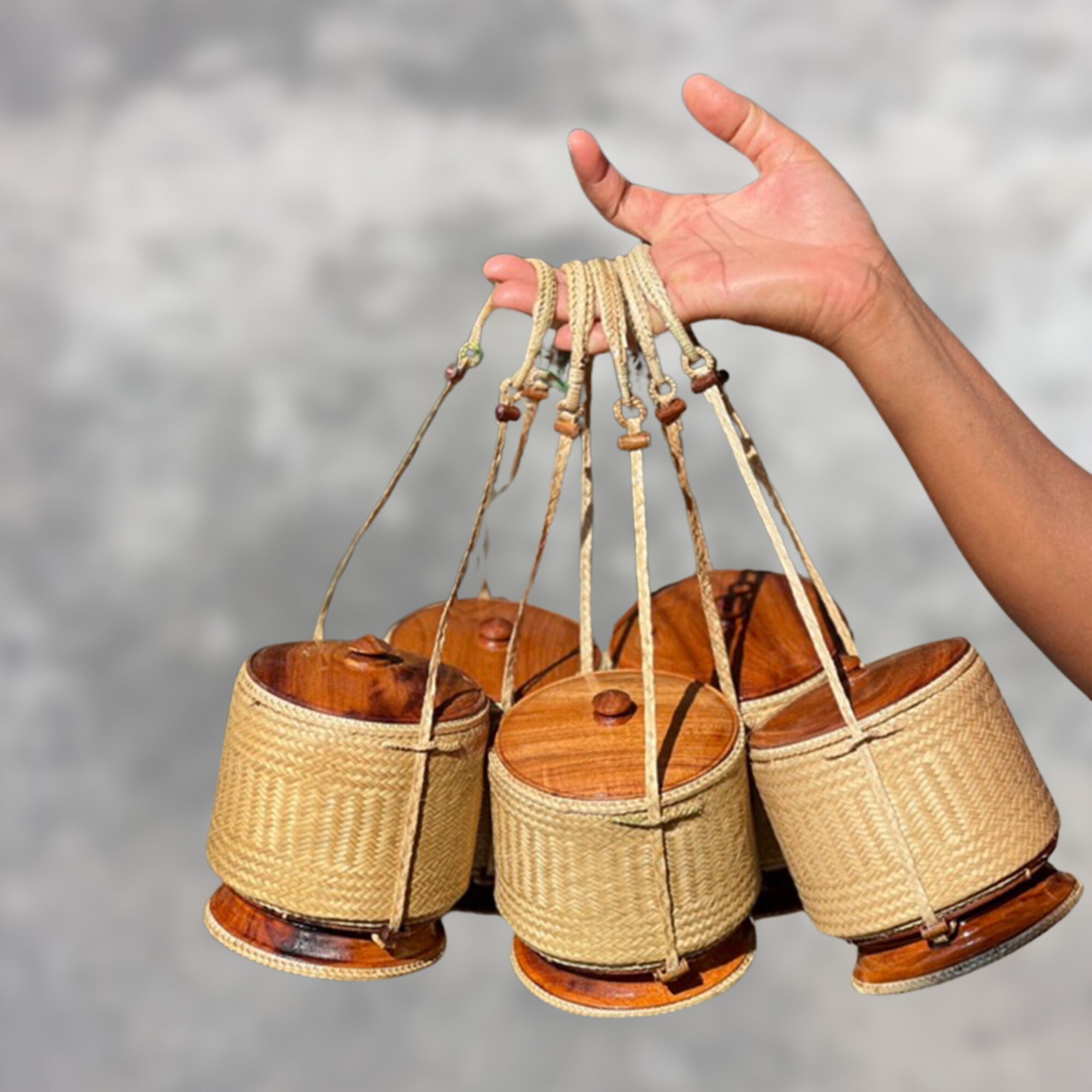 Rustic Thai Sticky Rice Basket Handwoven Kratib With Wooden Lid ...