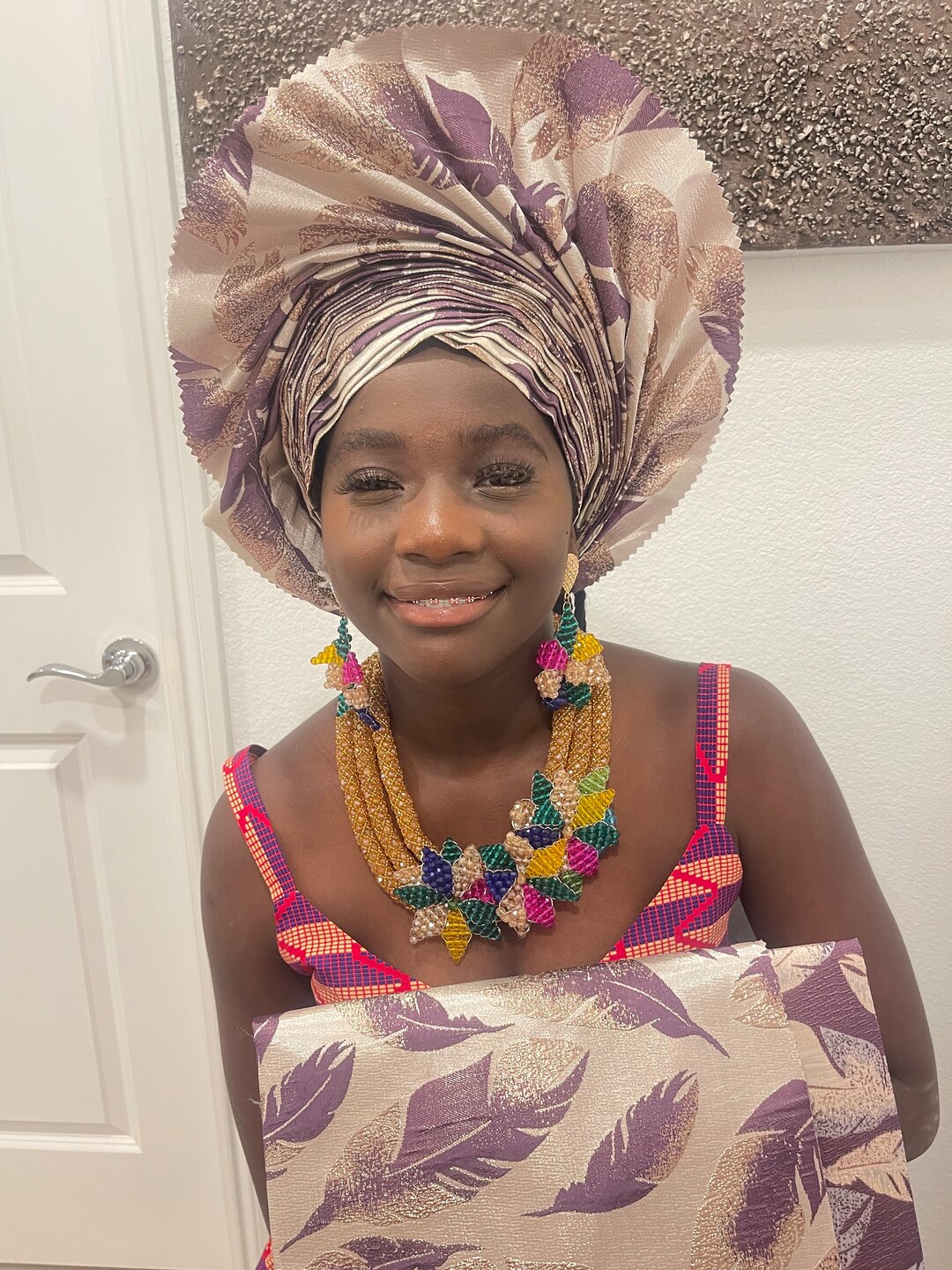 Purple Patterned African/nigerian Sego Auto-gele With Ipele Ready to ...