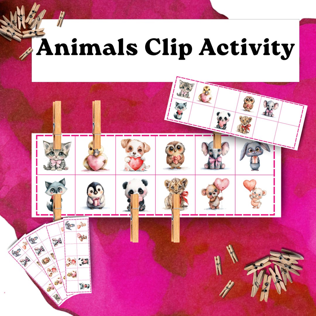Valentine Animals Clip Card Activity for Kids | Fine Motor Skills Game ...