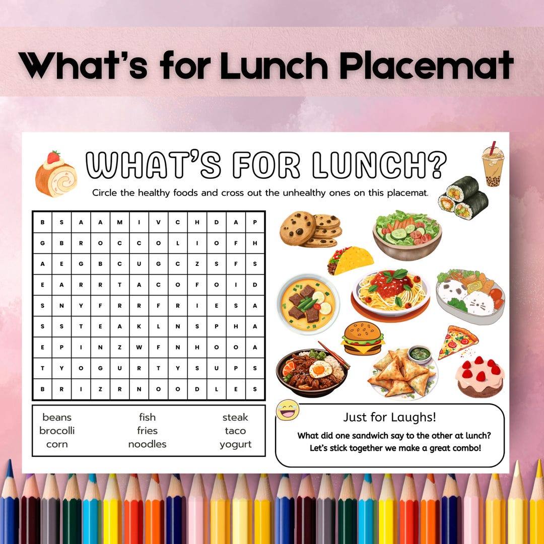 Lunch Printable Placemat for Kids | Word Search, Healthy Food Sorting ...