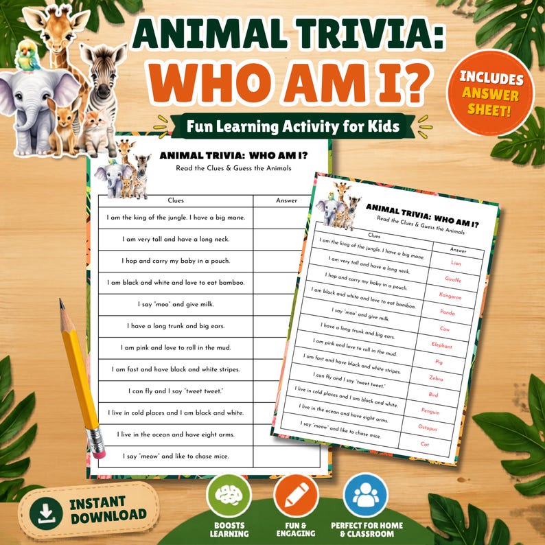 Animal Trivia Game, Guess Who, Kids Learning Activity (instant Download ...