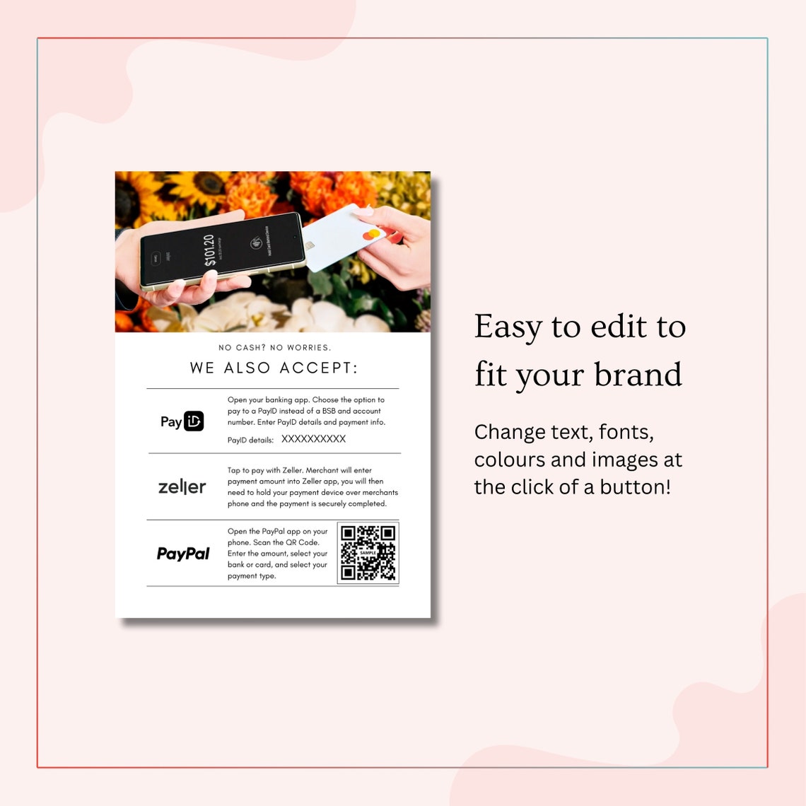 No Cash No Worries, Payment Options Poster, Payid, Zeller, Paypal ...