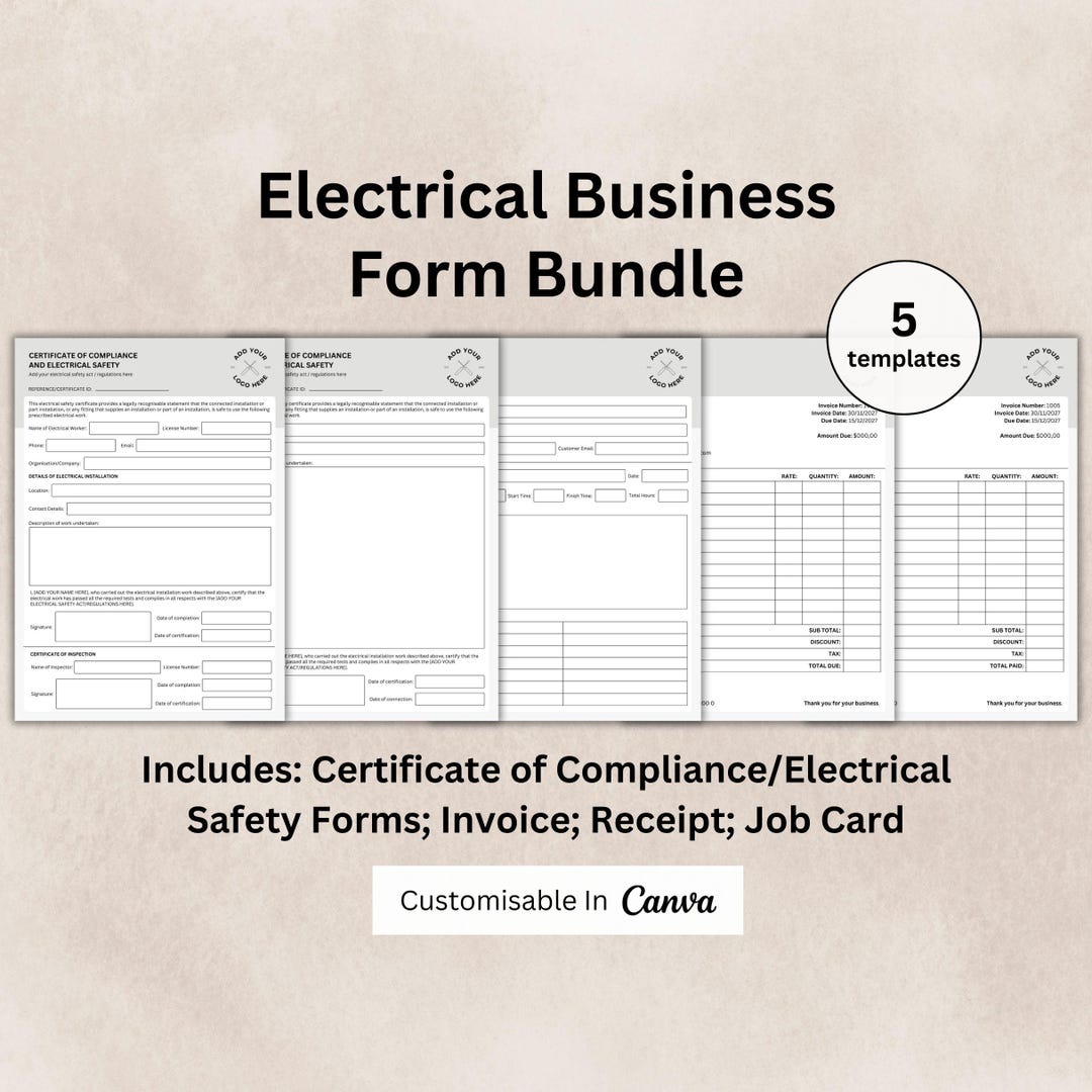 Electrical Business Form Bundle - Editable Canva Template Certificate ...
