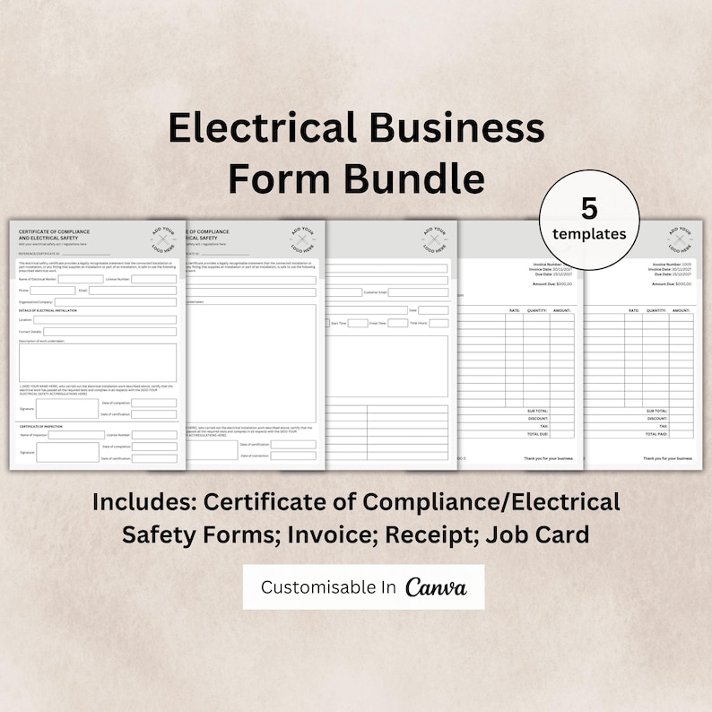 Electrical Business Form Bundle Editable Canva Template Certificate of ...