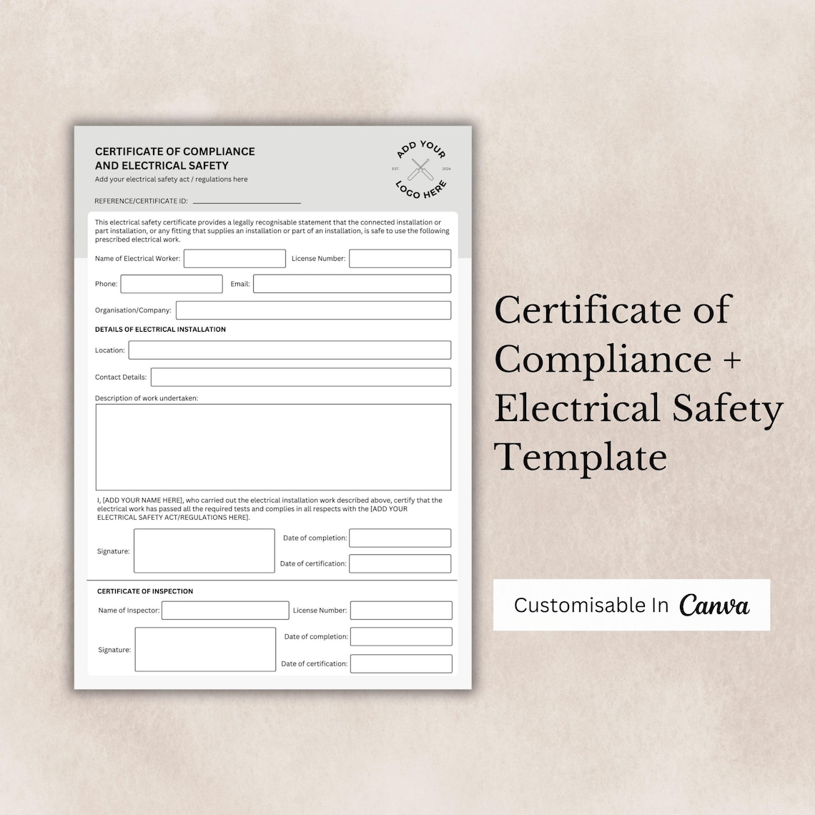 Electrical Business Form Bundle - Editable Canva Template Certificate ...