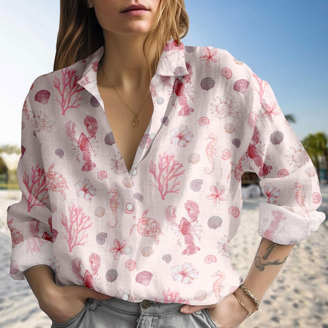 Coral Pink Sea Shell Blouse Shirt, Ocean Beach Shirt, Coastal Summer ...