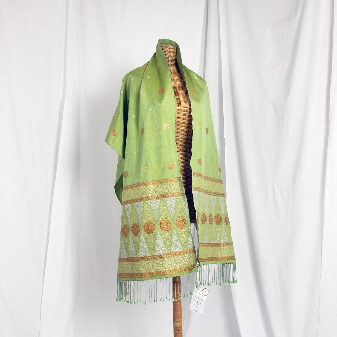 Heart of Borneo olive Green Handwoven Silk Songket Shawl Textile Art 78 ...