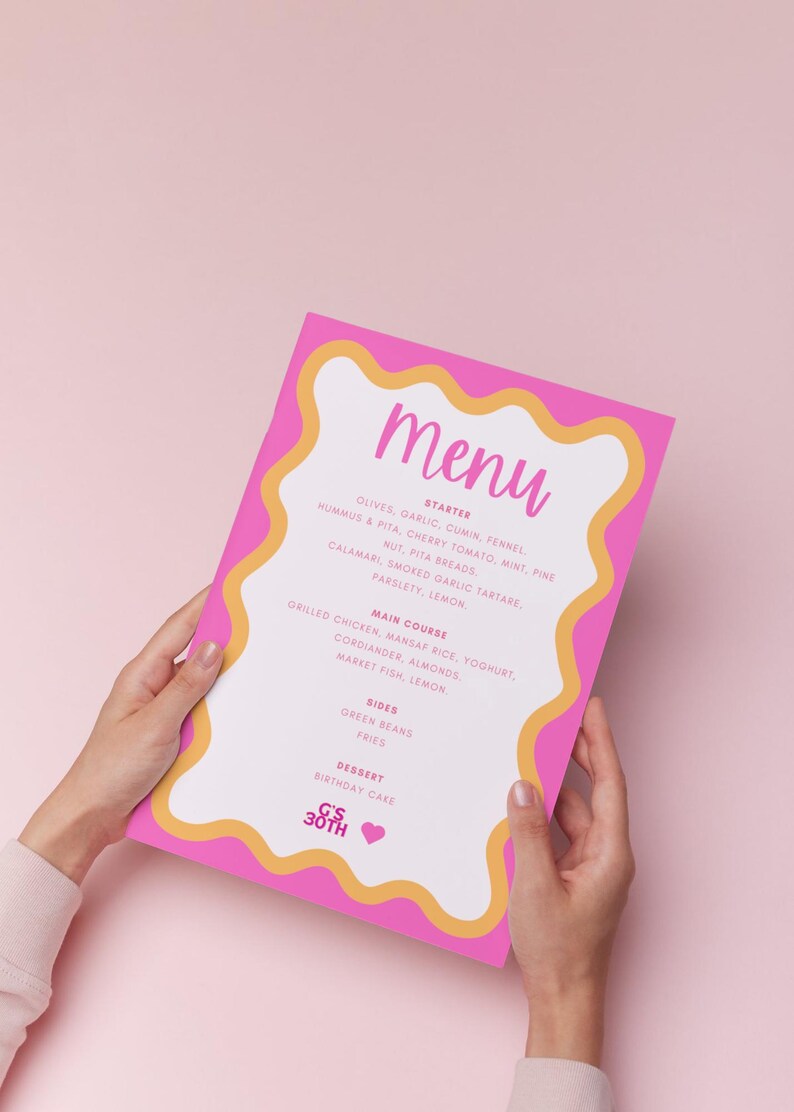 Wavy Menu Template – Printable Menu for Weddings, Birthdays, Baby ...