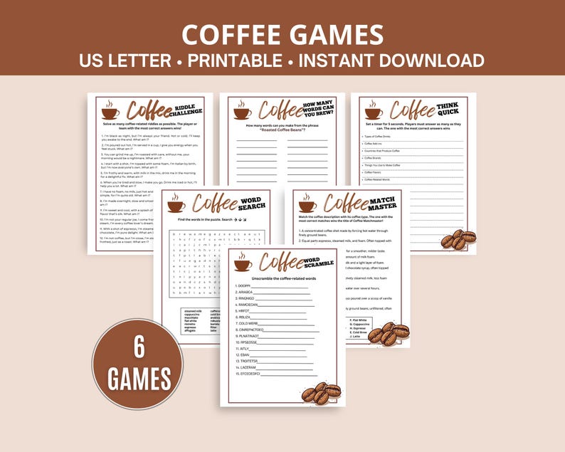 Coffee Game Bundle, Printable Coffee Games, Coffee Shop Games, Coffee ...