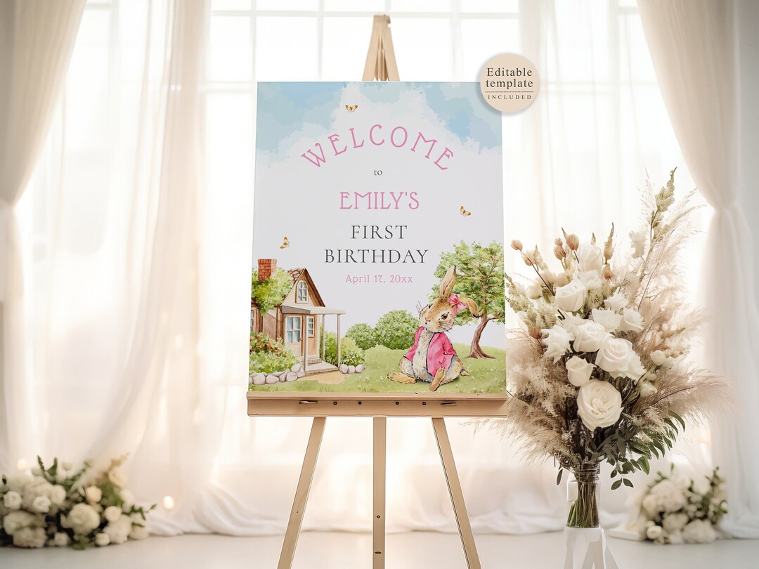 Peter Rabbit Birthday Pink Welcome Sign, Editable Peter Rabbit Girl ...