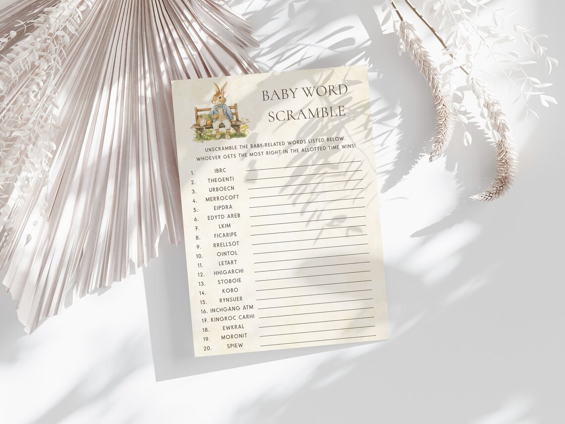Peter Rabbit Baby Shower Word Scramble With Answer Key, Baby Shower ...