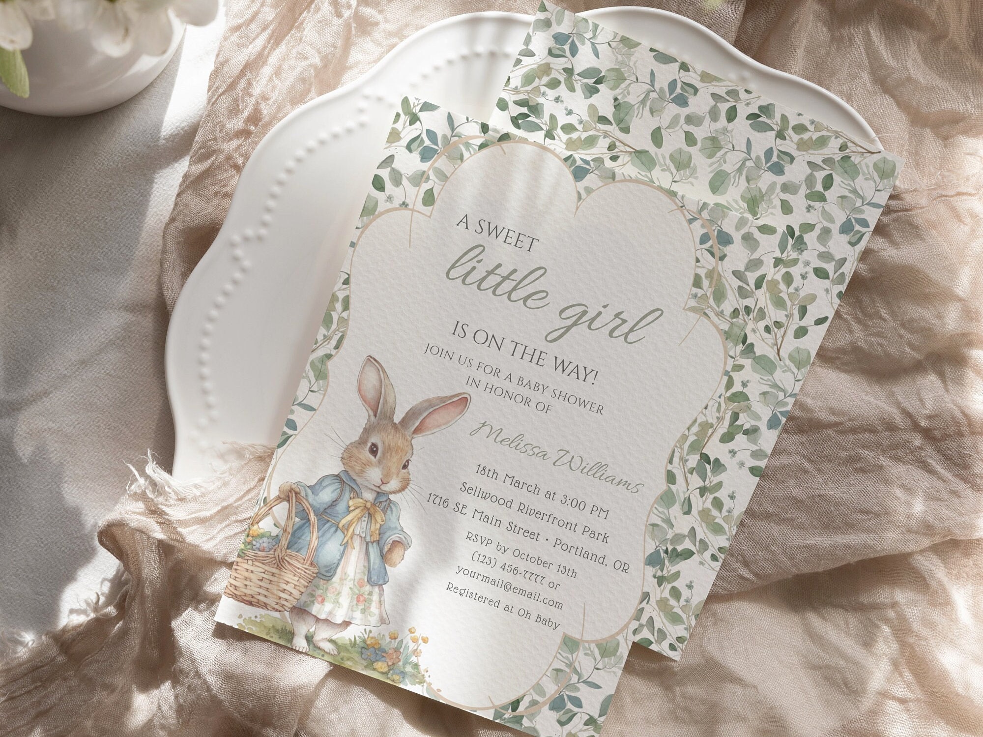 Editable Peter Rabbit Girl Baby Shower Invitation Set, Greenery Bunny ...