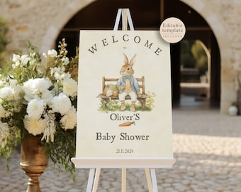 Editable Peter Rabbit Welcome Sign Baby Shower Baby Boy, Baby Boy Bunny ...