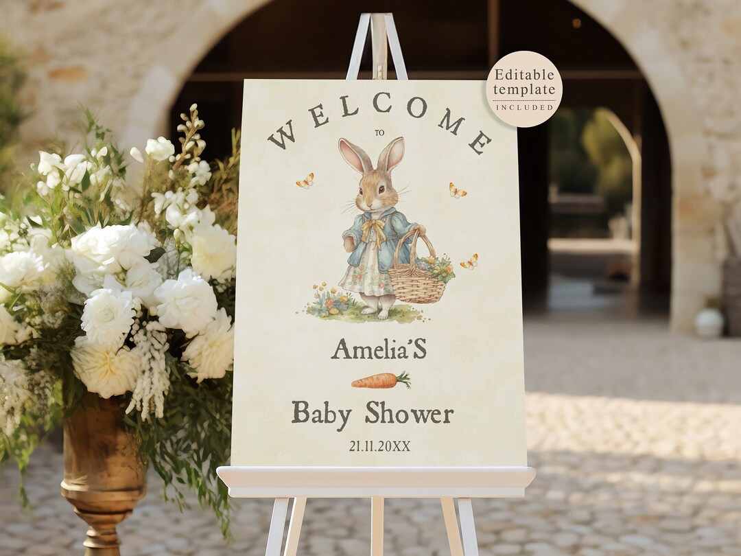 Editable Peter Rabbit Welcome Sign Girl Baby Shower, Bunny Entrance ...