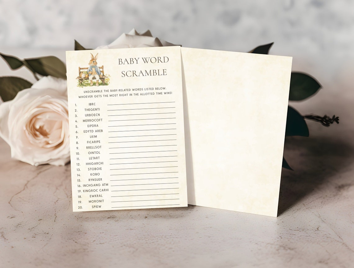 Peter Rabbit Baby Shower Word Scramble With Answer Key, Baby Shower ...
