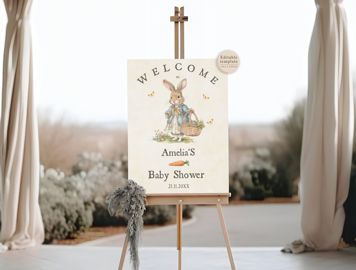 Editable Peter Rabbit Welcome Sign Girl Baby Shower, Bunny Entrance ...