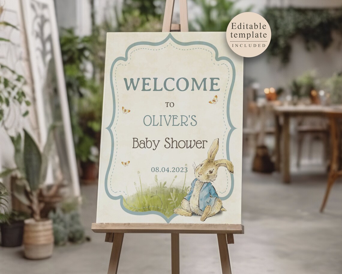 Editable Peter Rabbit Baby Shower Welcome Sign, Vintage Baby Shower ...