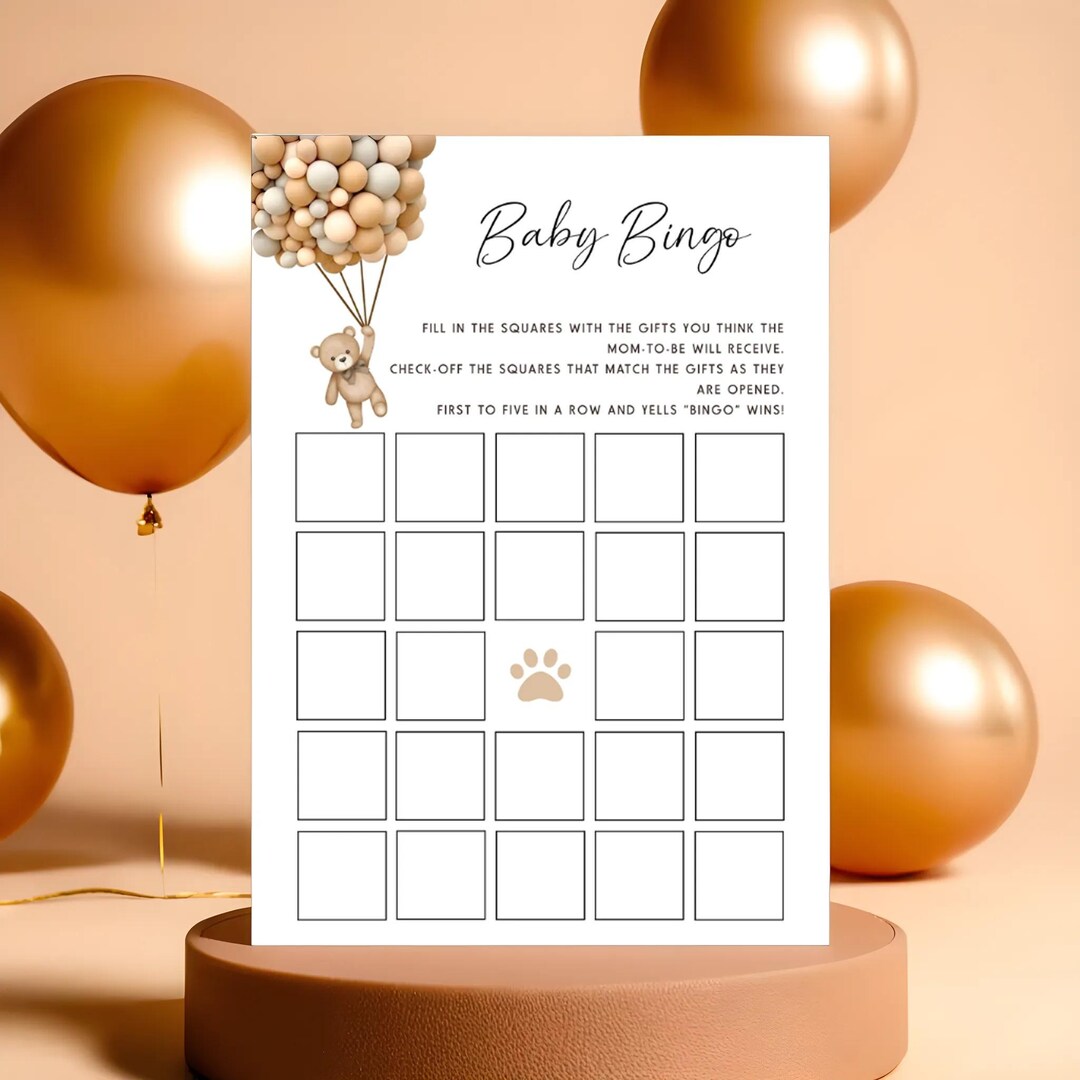 Teddy Bear Baby Shower Bingo Game Card, Brown Bear Balloon Baby Shower ...