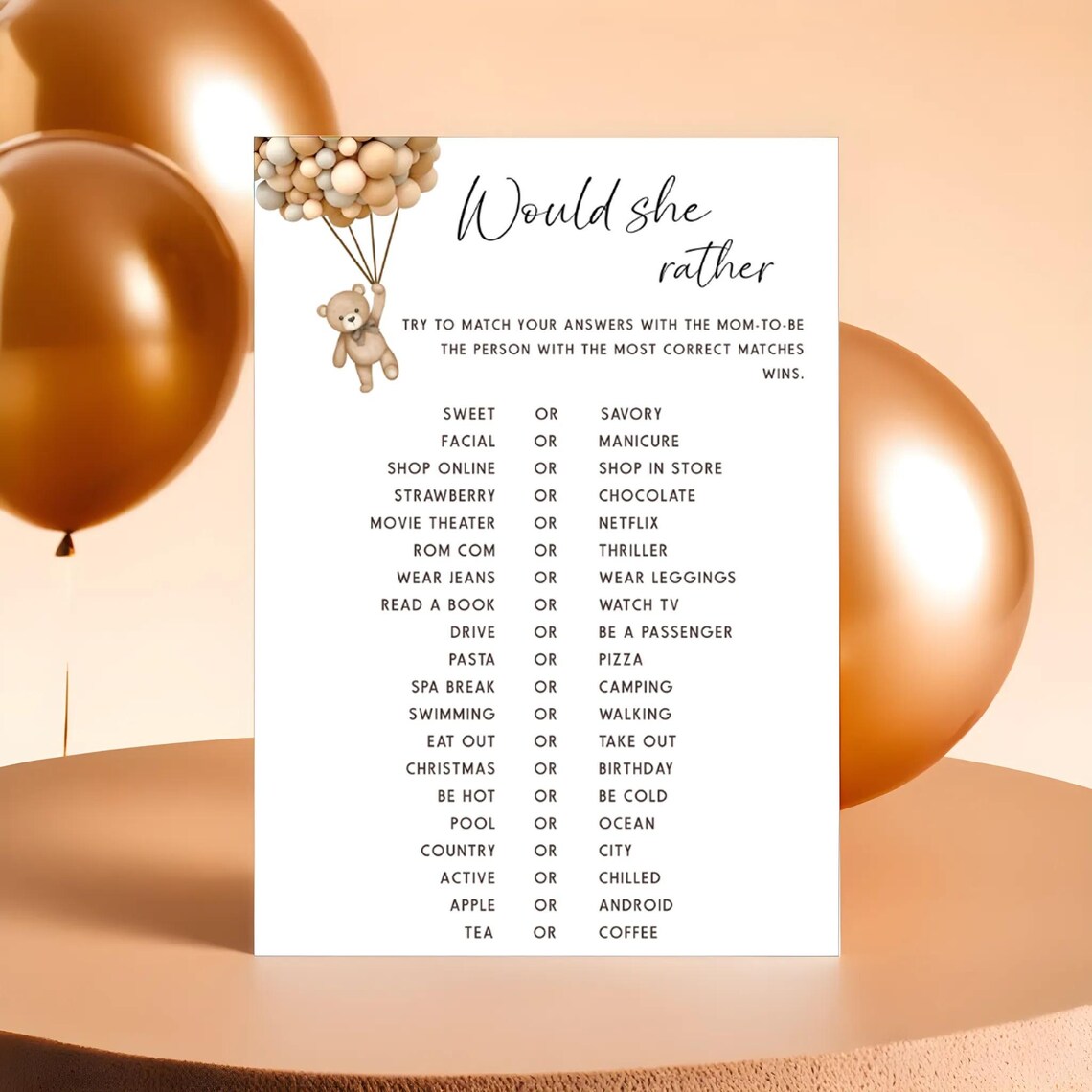 We Can Bearly Wait Would She Rather Baby Shower Game, Teddy Bear Baby Shower Activity, Brown ...