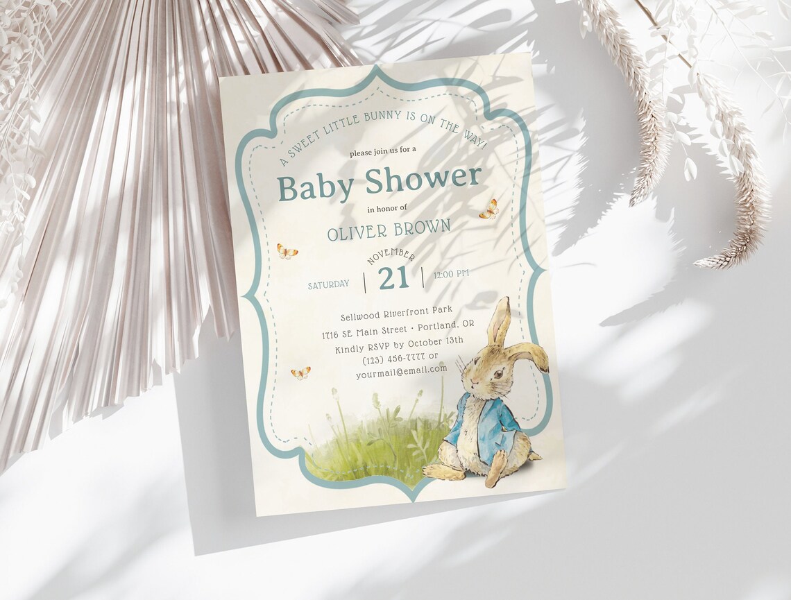 Peter Rabbit Baby Shower Invitation, Editable Invite Template, Rustic ...