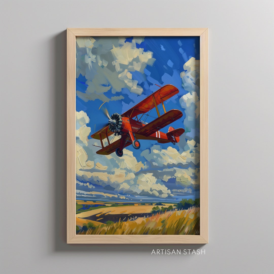 Biplane Flying Over Field Oil Painting Biplane Plane Above Wheat Field ...
