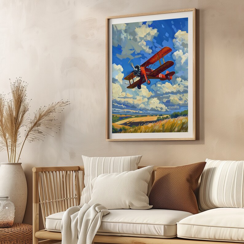 Biplane Flying Over Field Oil Painting Biplane Plane Above Wheat Field ...