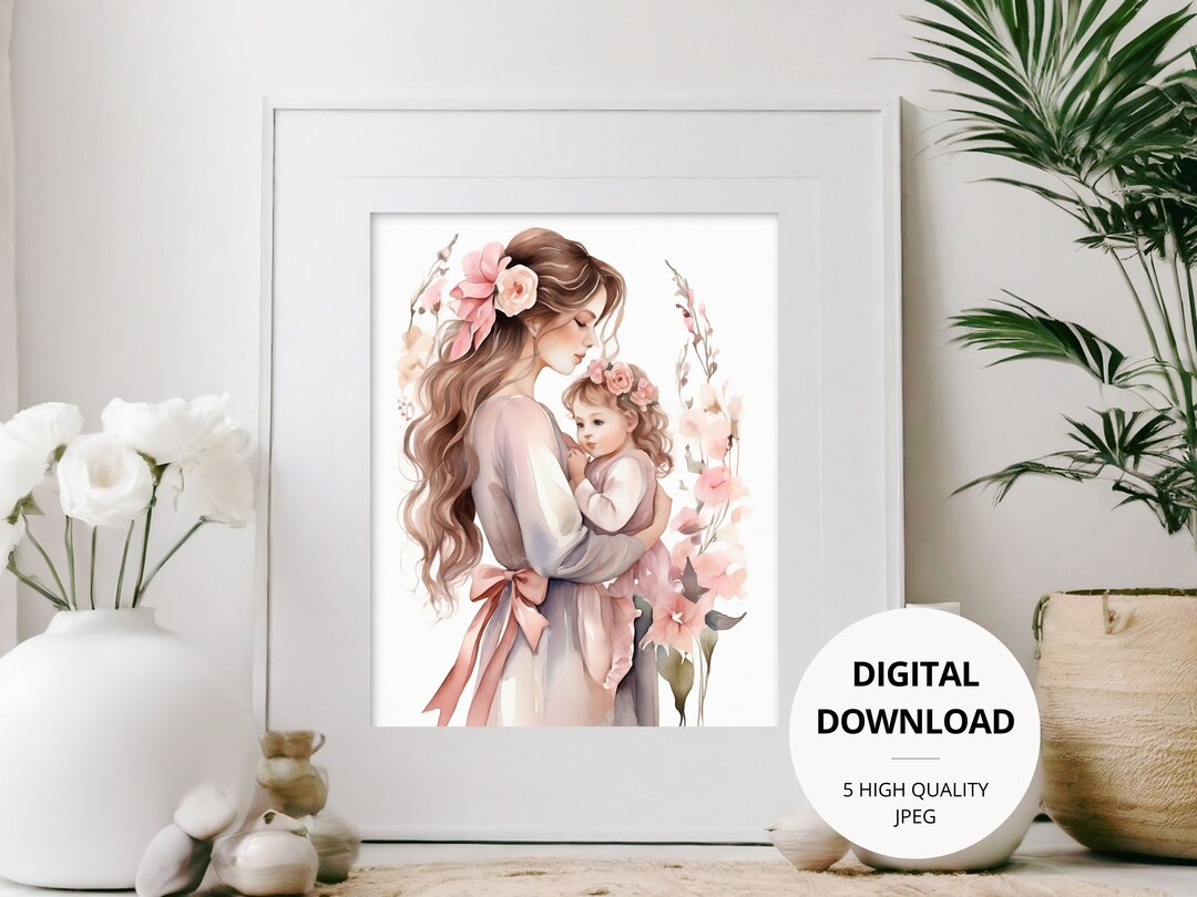 Mother and Child Watercolor Illustration Gift Motherhood Poster Pastel ...
