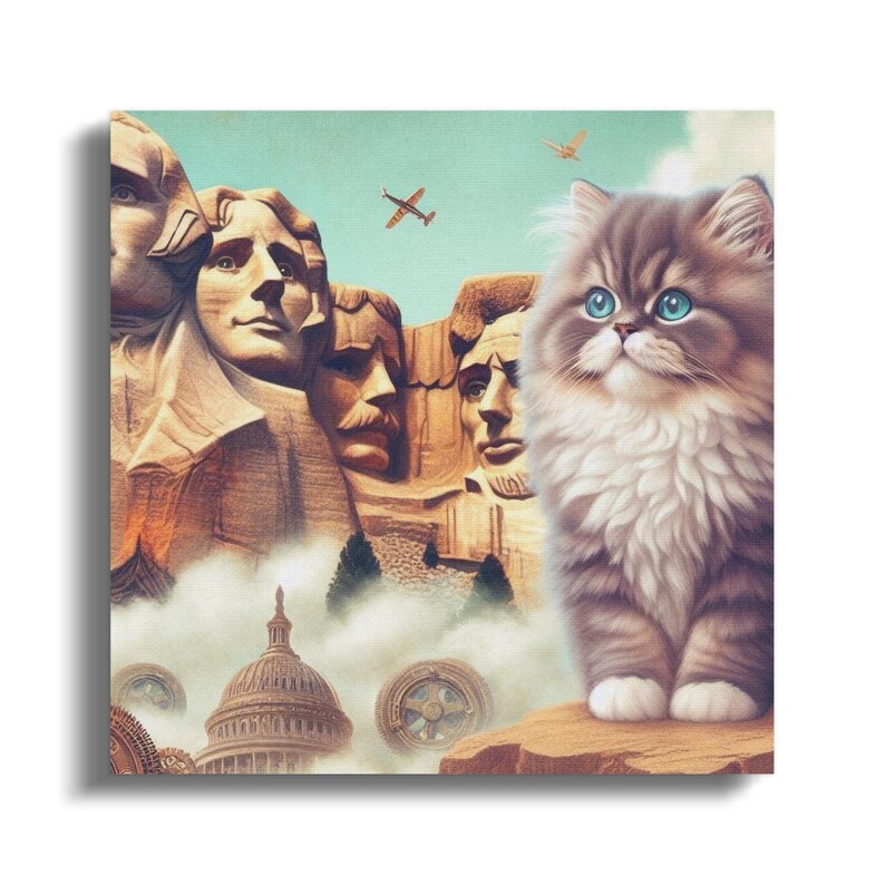 Cute Cat Next to Mount Rushmore Wall Art Print, Adorable Furry Kitten ...
