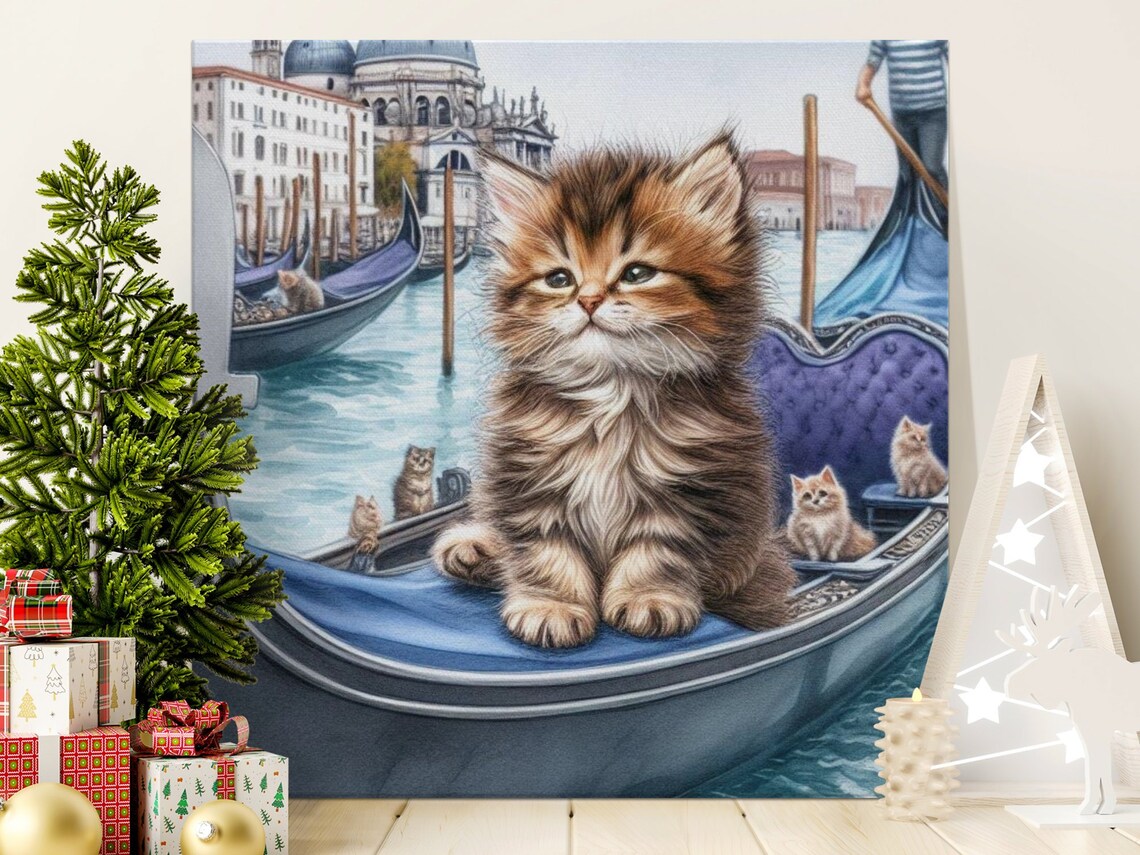 Venice Cat Gondola Wall Art, Cute Kitten on Gondola Print, Italy ...