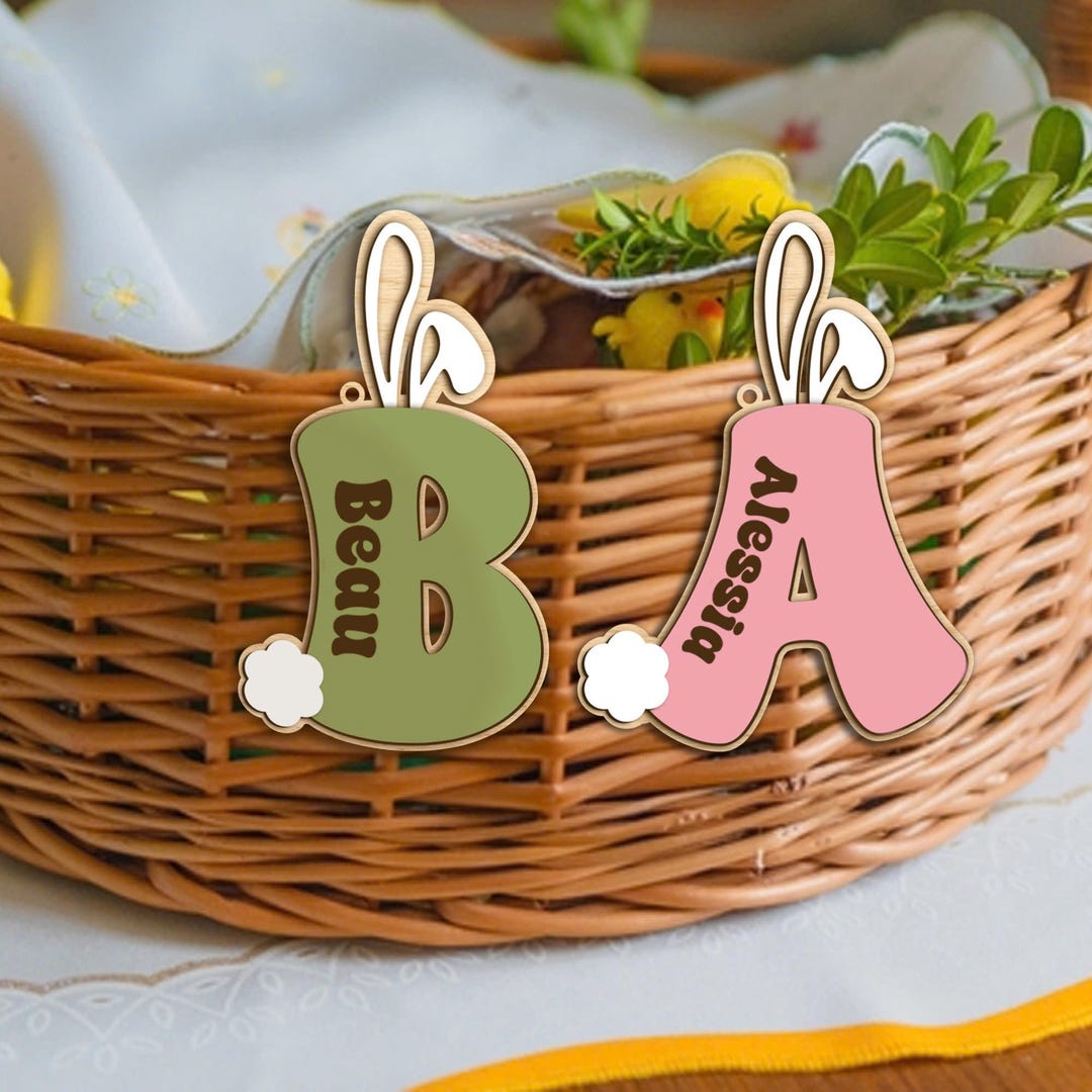 Custom Easter Basket Name Tags, Easter Rabbit Initials Bunny Name Tag ...