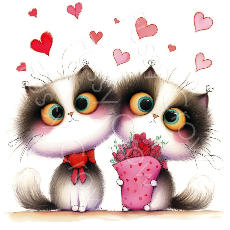 Valentine Cat Clip Art, Watercolour Cute Kittens, 10 Jpgs, Digital ...