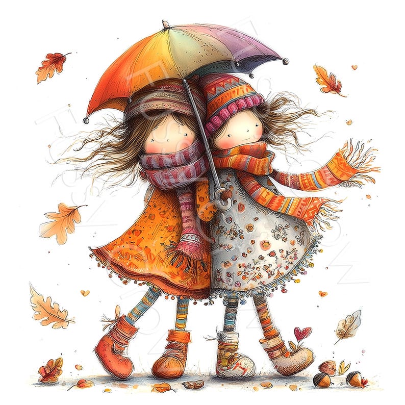 Autumn Best Friends Clipart, 10 Watercolour Whimsical Girl Jpgs for ...