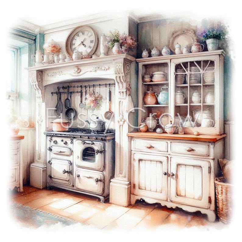 Shabby Chic Kitchen Clipart 10 High Quality Jpgs, Watercolour Country ...