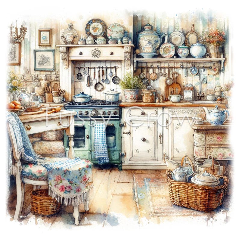 Shabby Chic Kitchen Clipart 10 High Quality Jpgs, Watercolour Country ...